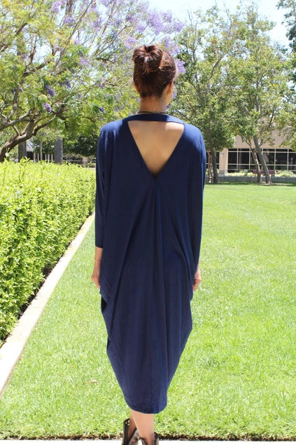 Deep Back Cut Out 3/4 Sleeve Blue Cocoon Style Dress – Lavender Rose ...